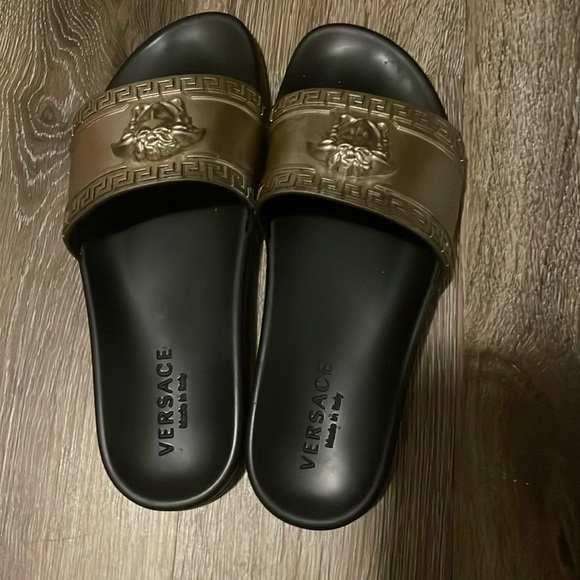 Versace | Shoes | Versace Slides Gold And Black Medusas | Poshmark